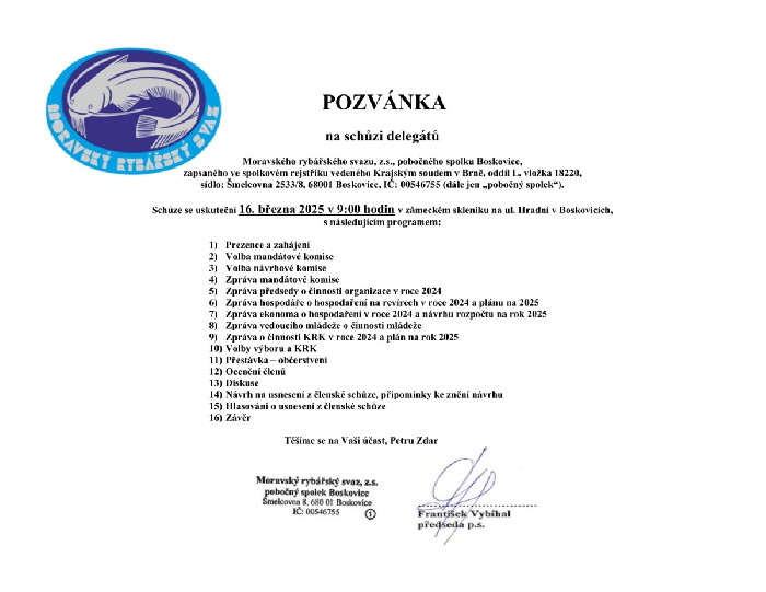 Pozvánka na schůzi delegátů :: Rybáři Boskovice